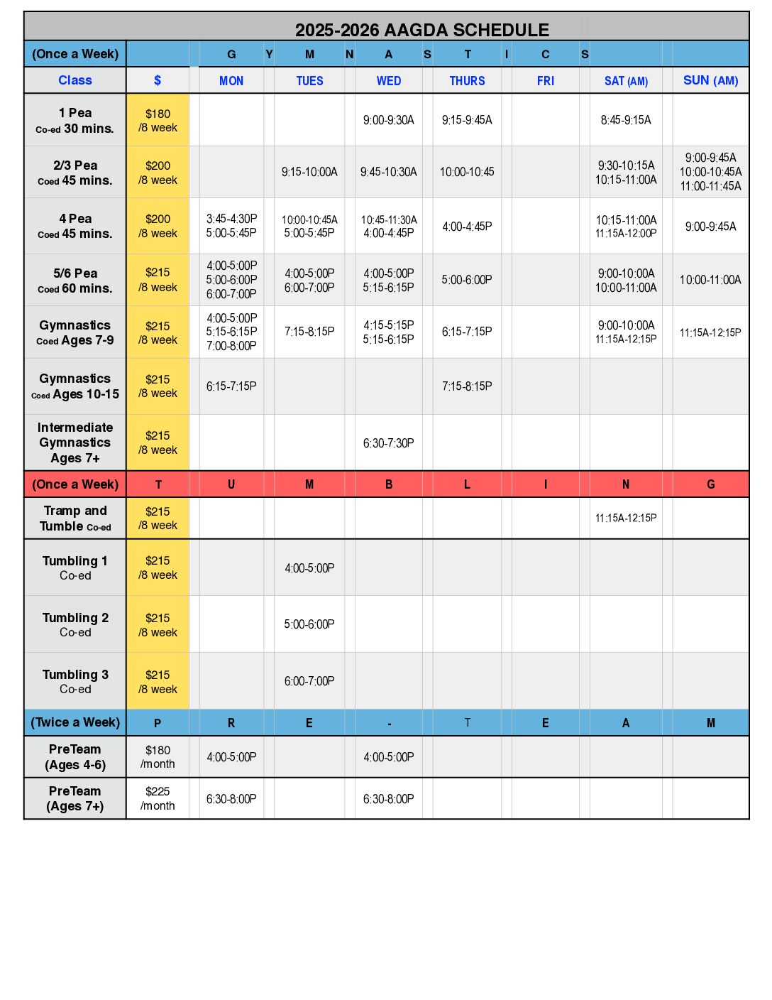 Recreational Schedule - All American Gymnastic & Dance Academy